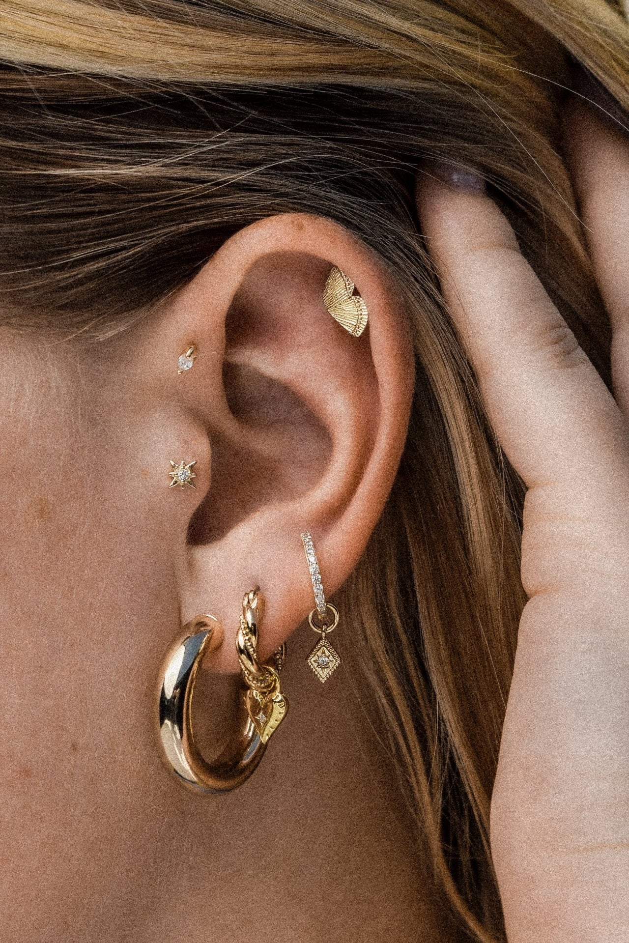 Dani Earrings | Five and Two Jewelry | Dainty Gold Butterfly Wing ...